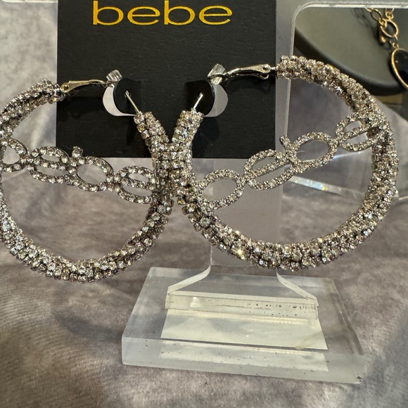 bebe | Jewelry | Bebe Glittering Crystal Bling Spell Out Silver Hoop ...